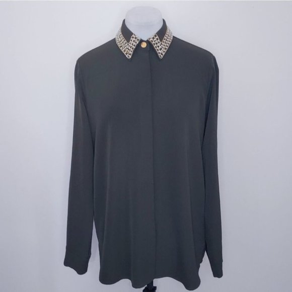Tristan | Tops | Tristan Dark Green Pearls Rhinestones Collar Button ...